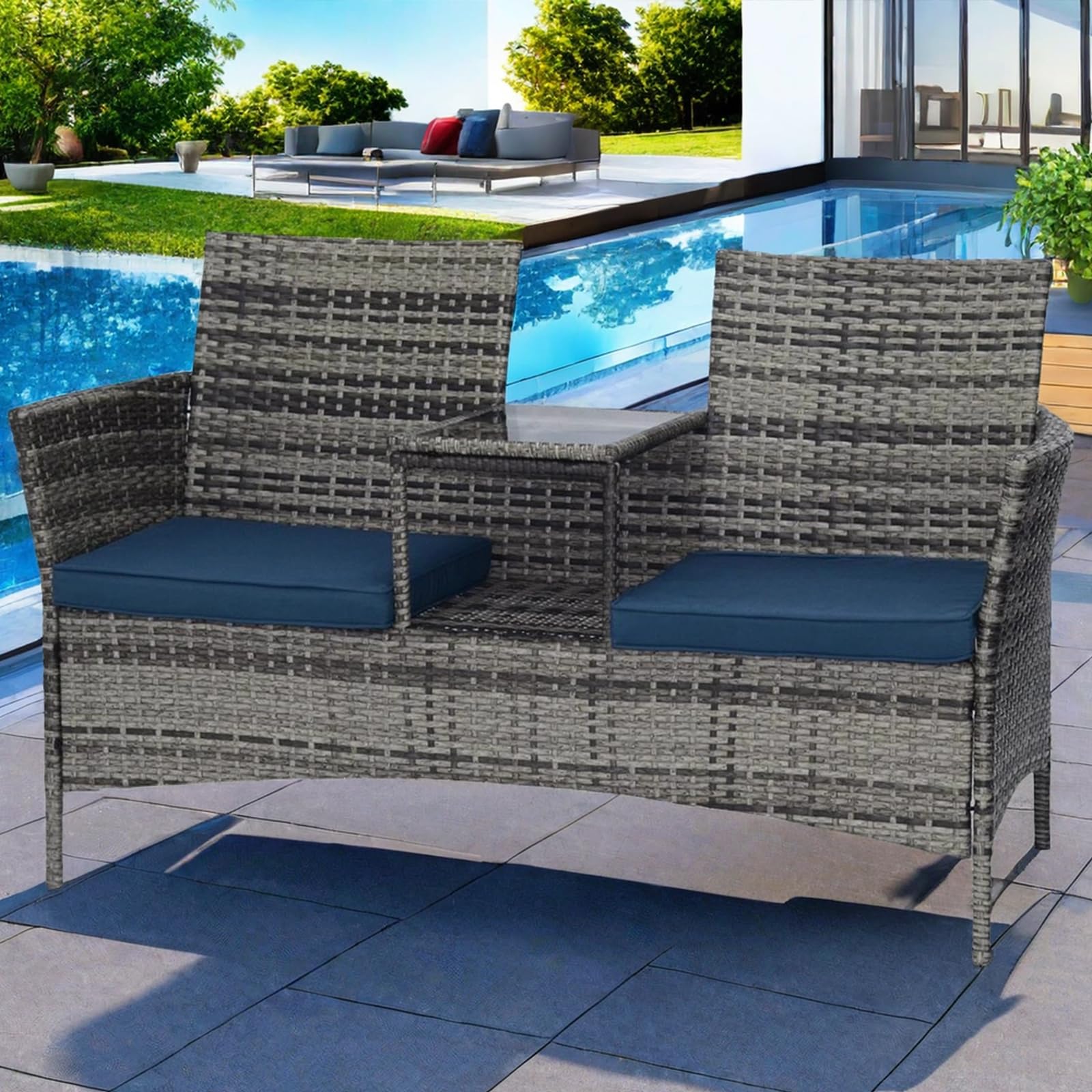 Pieryakers Outdoor Loveseat Rattan Wicker Two Seater,Patio Conversation Sets Built-in Coffee Table and Cushion for Balconies, Lawns, Backyard Outside Sofa Benches (Grey-Blue)