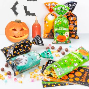 RICEDUO Halloween Cellophane Bags,100PCS Halloween Candy Cookie Treat Bags with 100 Piece Twist Ties for Halloween Party Favor Supplies, 5 Assorted Styles