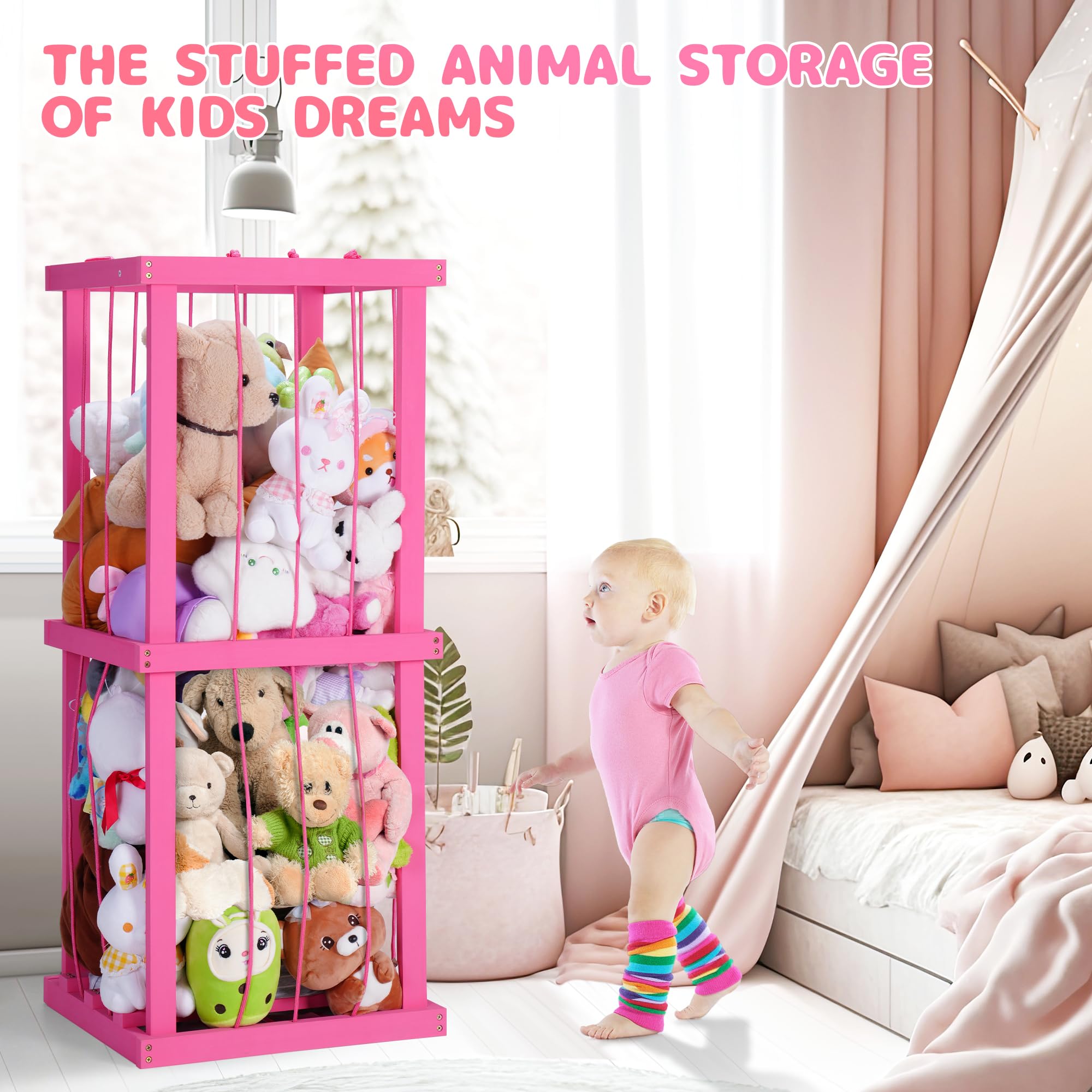 Wooden Stuffed Animal Storage, Extra Large Stuffed Animal Holder Plush Toy Organizer with Elastic Band, Stuffed Animal Zoo Storage for Nursery Play Room Bedroom Corner