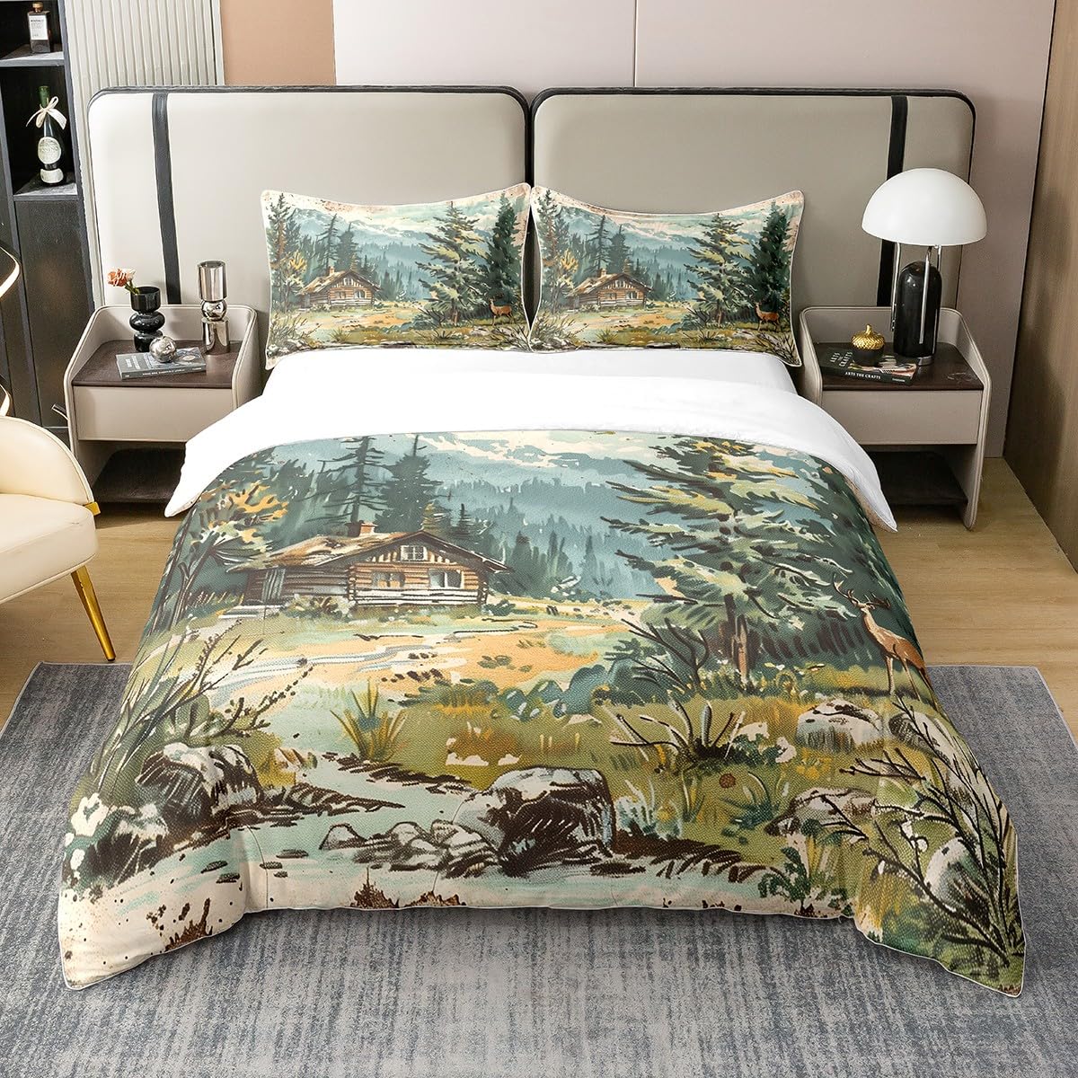 Adventure Cabin Bedding Set Twin Size Farmhouse Lake Life Comforter Cover Watercolor Mountain Trees Bed Set Natural Scenery 100% Cotton Duvet Cover with 1 Pillowcase