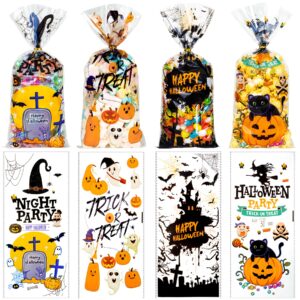 riceduo halloween cellophane treat bags, halloween trick or treat goody gags 100pcs with twists for snacks cookies packing, goodie bags halloween party supplies