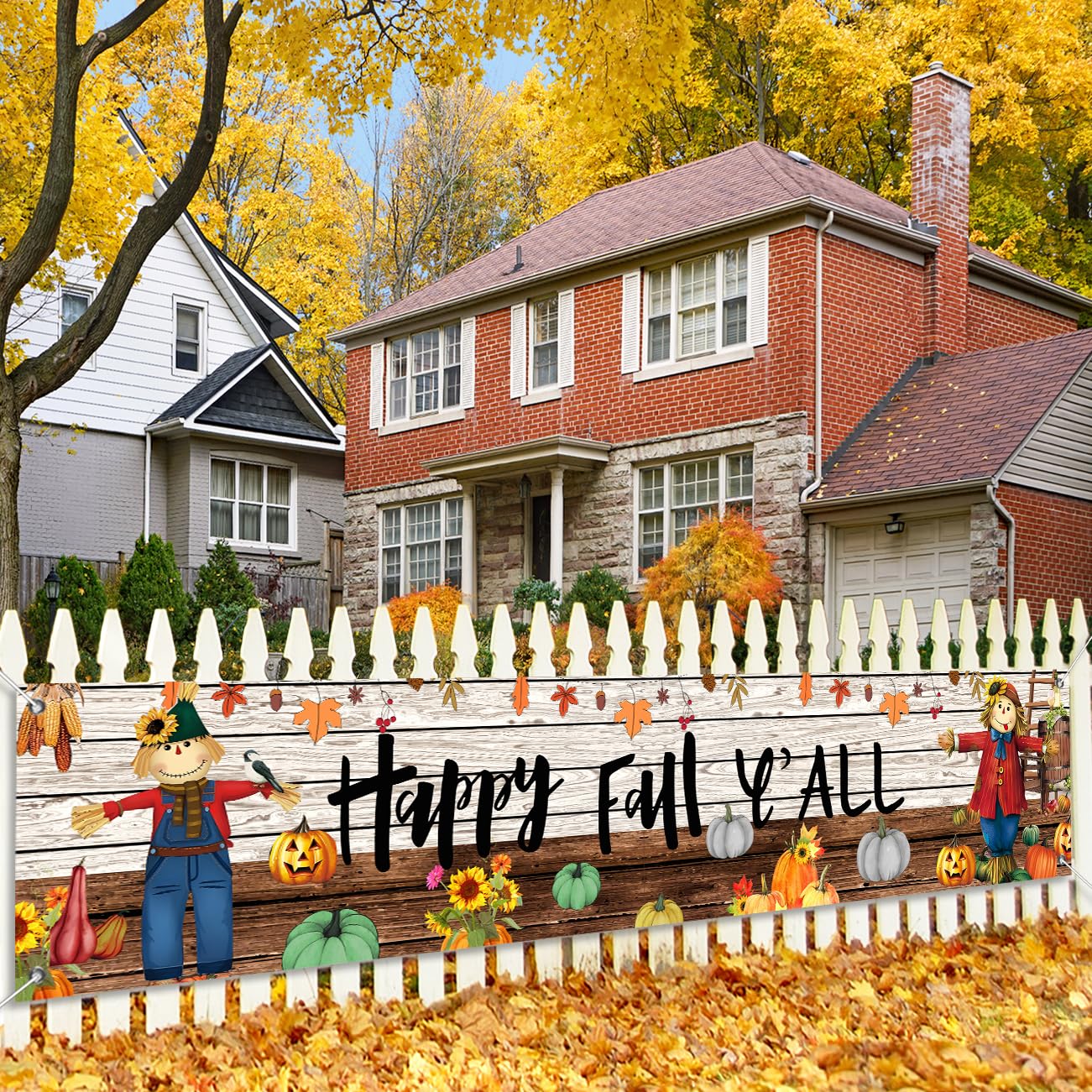 Fall Decorations Happy Fall Yard Banner 118" x 24" Large Fall Harvest Thanksgiving Outdoor Yard Decorations Autmun Scarecrow Yard Banner Sign for Fall Thanksgiving Party Supplies