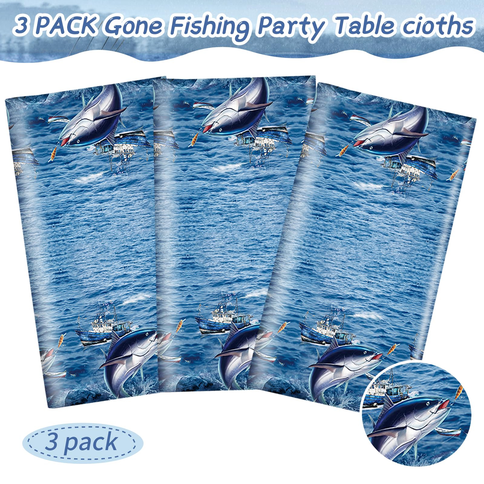 3 Pieces Gone Fishing Party Table Covers Gone Fishin’ Party Tableclothes Gone Fishing Party Decorations Supplies Favors for Fishing Theme Party Decorations Gone Fishing Party Supplies 54 X 108inches