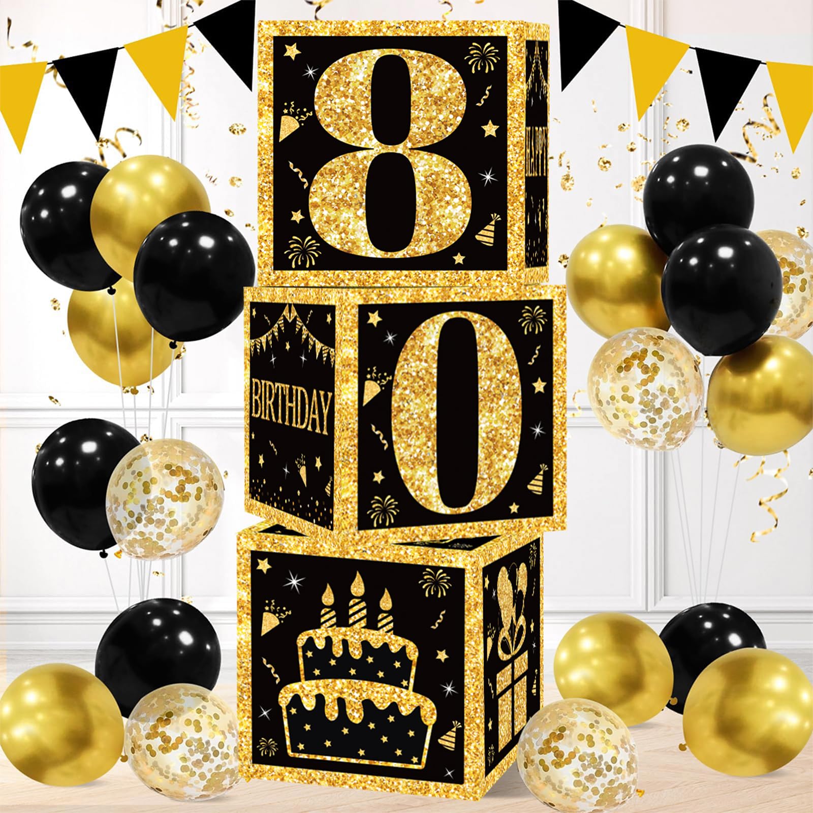 80th Birthday Decorations Boxes for Men- 3PCS Black Gold Happy 80th Birthday Balloons Boxes, 80 Year Old Party Supplies for Men Women