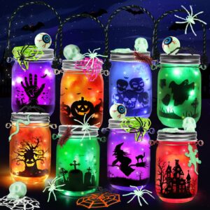 halloween crafts for kids, 8 pcs halloween mason jar with accessories for diy craft, halloween art party favor supplies, halloween decoration trick or treating, classroom halloween art activities