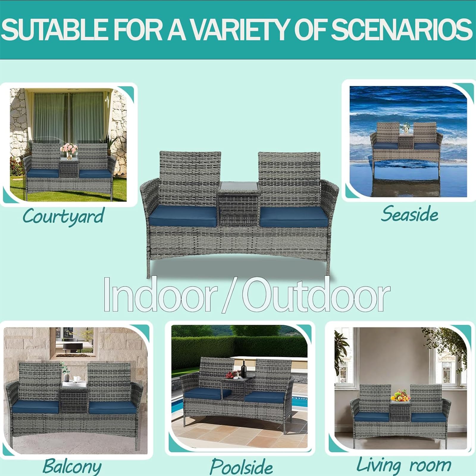 Pieryakers Outdoor Loveseat Rattan Wicker Two Seater,Patio Conversation Sets Built-in Coffee Table and Cushion for Balconies, Lawns, Backyard Outside Sofa Benches (Grey-Blue)