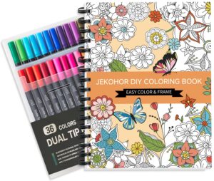 jekohor adult coloring book set,spiral bound coloring book for adults relaxation with 36 colors markers, anxiety relief gifts with 30 patterns included mandala animal flowers