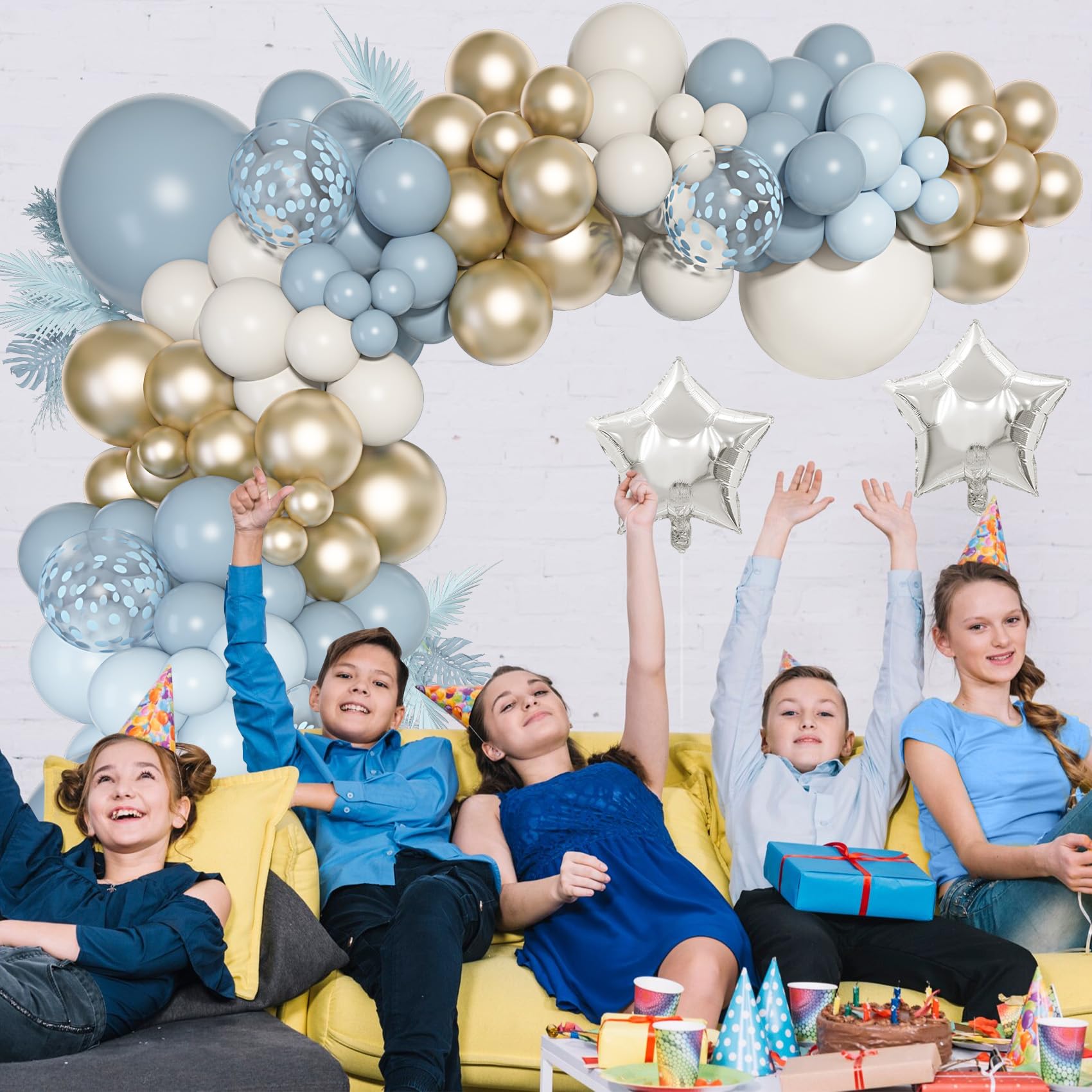 Ouddy Life Dusty Blue Balloons Arch Kit, Different Sizes 18 12 10 5Inch Fog Blue Sand White Champagne Gold Latex Confetti Star Foil Balloon for Boys Baby Bridal Shower Birthday Boho Party Decorations