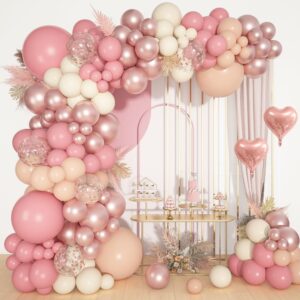 ouddy life dusty pink balloons arch kit, different sizes 18 12 10 5inch blush pink rose gold nude ivory confetti latex heart foil balloon for girls wedding baby shower boho birthday party decorations