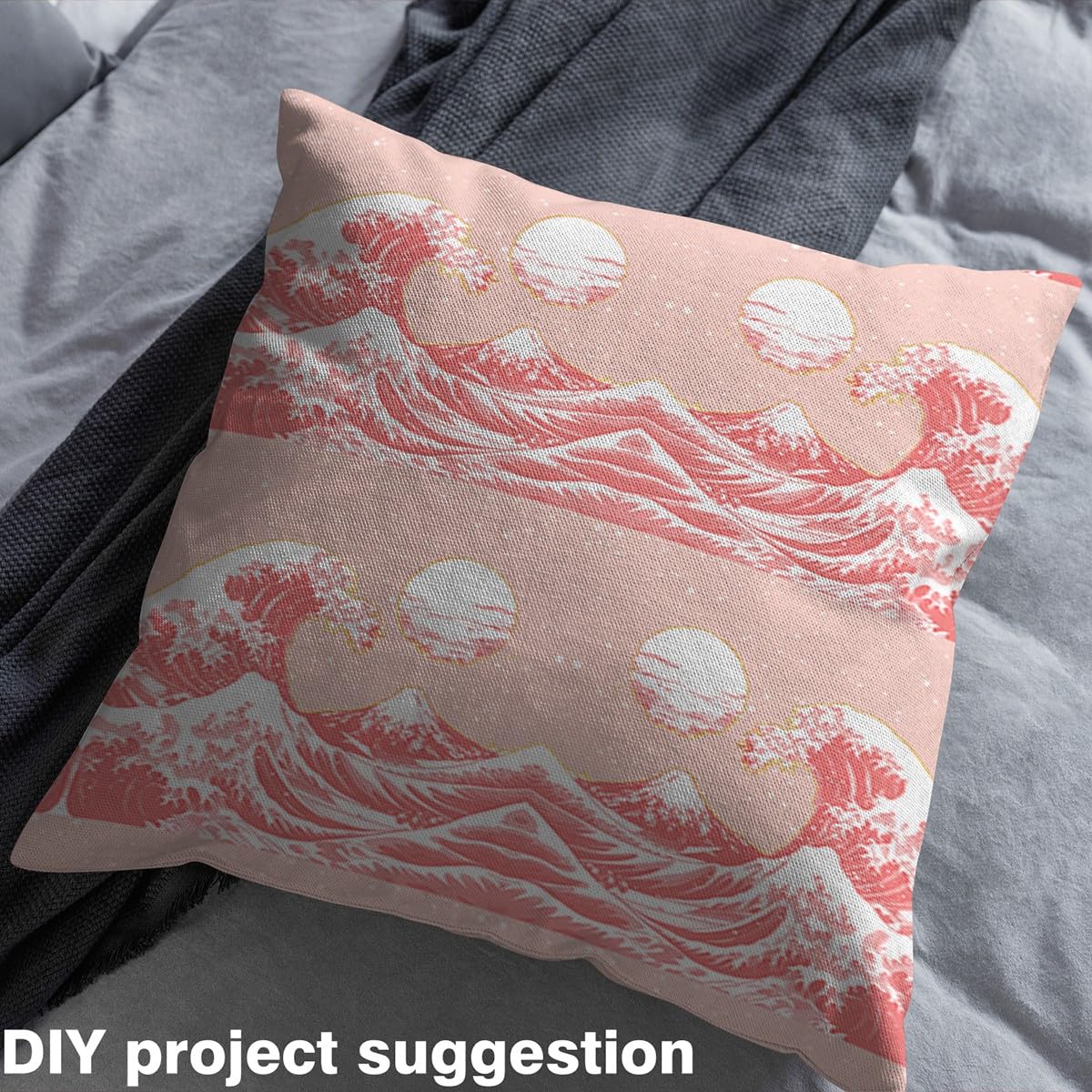 Feelyou Japanese Wave Fabric by The Yard 1 Yard Ocean Wave Decorative Waterproof Outdoor Fabric for Sofa Japanese Ukiyoe Theme Home Decor Upholstery Fabric Pink Japanese-Style DIY Reupholstery Fabric