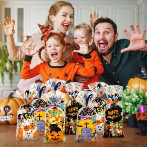 RICEDUO Halloween Cellophane Treat Bags, Halloween Trick or Treat Goody Gags 100pcs with Twists for Snacks Cookies Packing, Goodie Bags Halloween Party Supplies