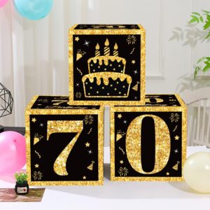 70th Birthday Decorations Boxes for Men- 3PCS Black Gold Happy 70th Birthday Balloons Boxes, 70 Year Old Party Supplies for Men Women