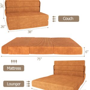 Zenzy Five Folding Sofa Bed, [Higher Backrests] [Luxury Corduroy] 6" Foldable Memory Foam Sleeper Chair, Floor Couch Foldable Mattress for Living Room/Dorm/Guest Room/Apartment, 75"x38"x6" Twin Size