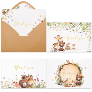 crisky 50 pack woodland thank you cards baby shower envelopes and stickers gold foil woodland theme for baby shower birthday party supplies 4×6 inch