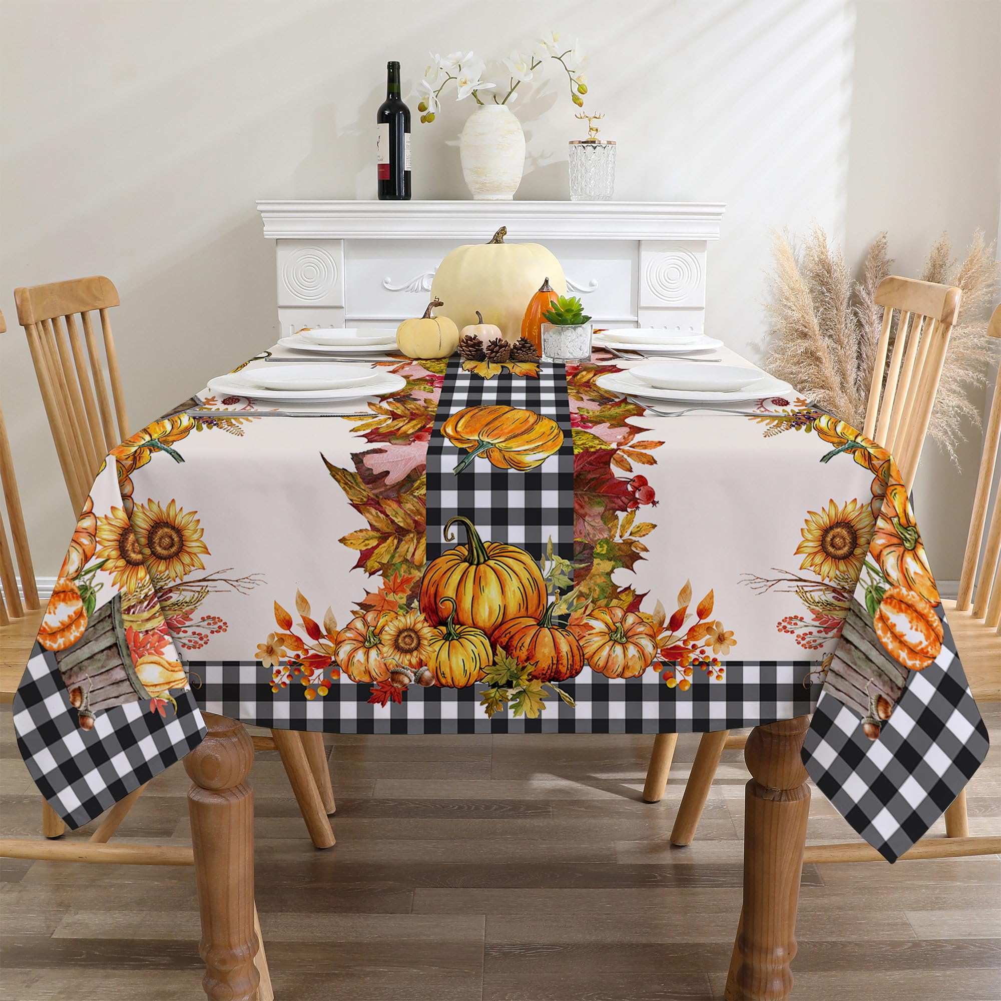 cusugbaso Fall Tablecloth 60x84 Inch Rectangle - Black Plaid Harvest Pumpkins Fall Decorations for Home - Water Resistant Thanksgiving Table Cloth Rectangle for Party, Dinning, Home