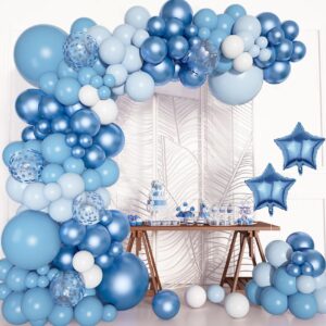 Ouddy Life Blue Balloons Arch Kit, Different Sizes 18 12 10 5Inch Pastel Blue White Latex Metallic Confetti Star Foil Balloon for Baby Shower Wedding Birthday Ocean Themed Graduation Party Decorations