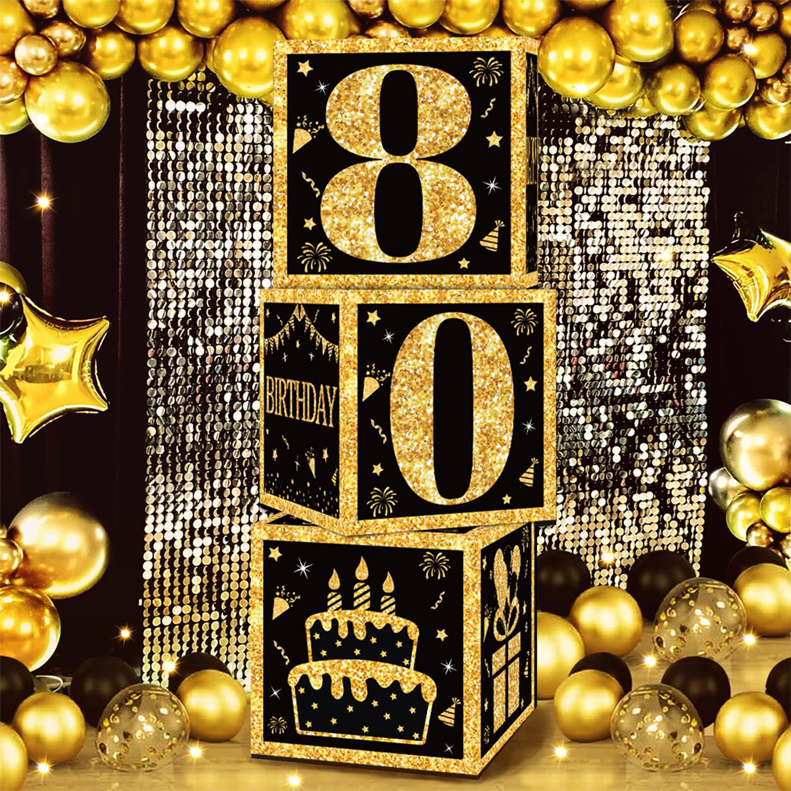 80th Birthday Decorations Boxes for Men- 3PCS Black Gold Happy 80th Birthday Balloons Boxes, 80 Year Old Party Supplies for Men Women