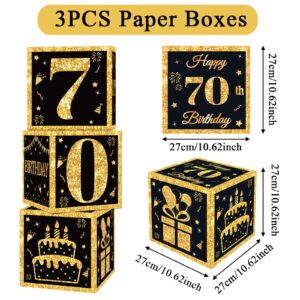 70th Birthday Decorations Boxes for Men- 3PCS Black Gold Happy 70th Birthday Balloons Boxes, 70 Year Old Party Supplies for Men Women