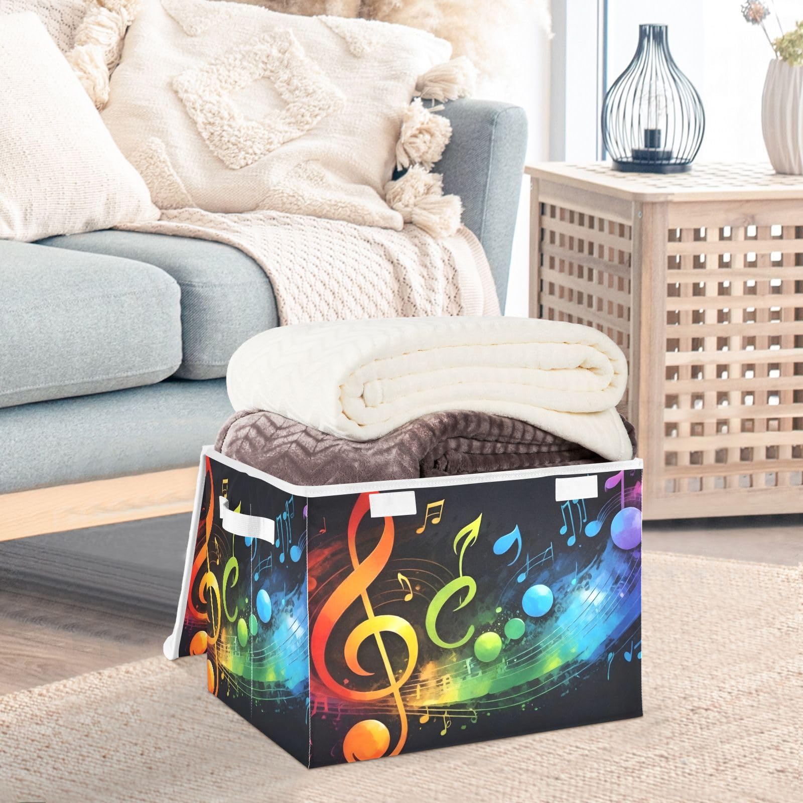 YMGQYJ Storage Cube with Lid Collapsible Rainbow Music Note Print, Large Capacity Foldable Storage Basket Bin Organizer 16.5×12.6×11.8 inches