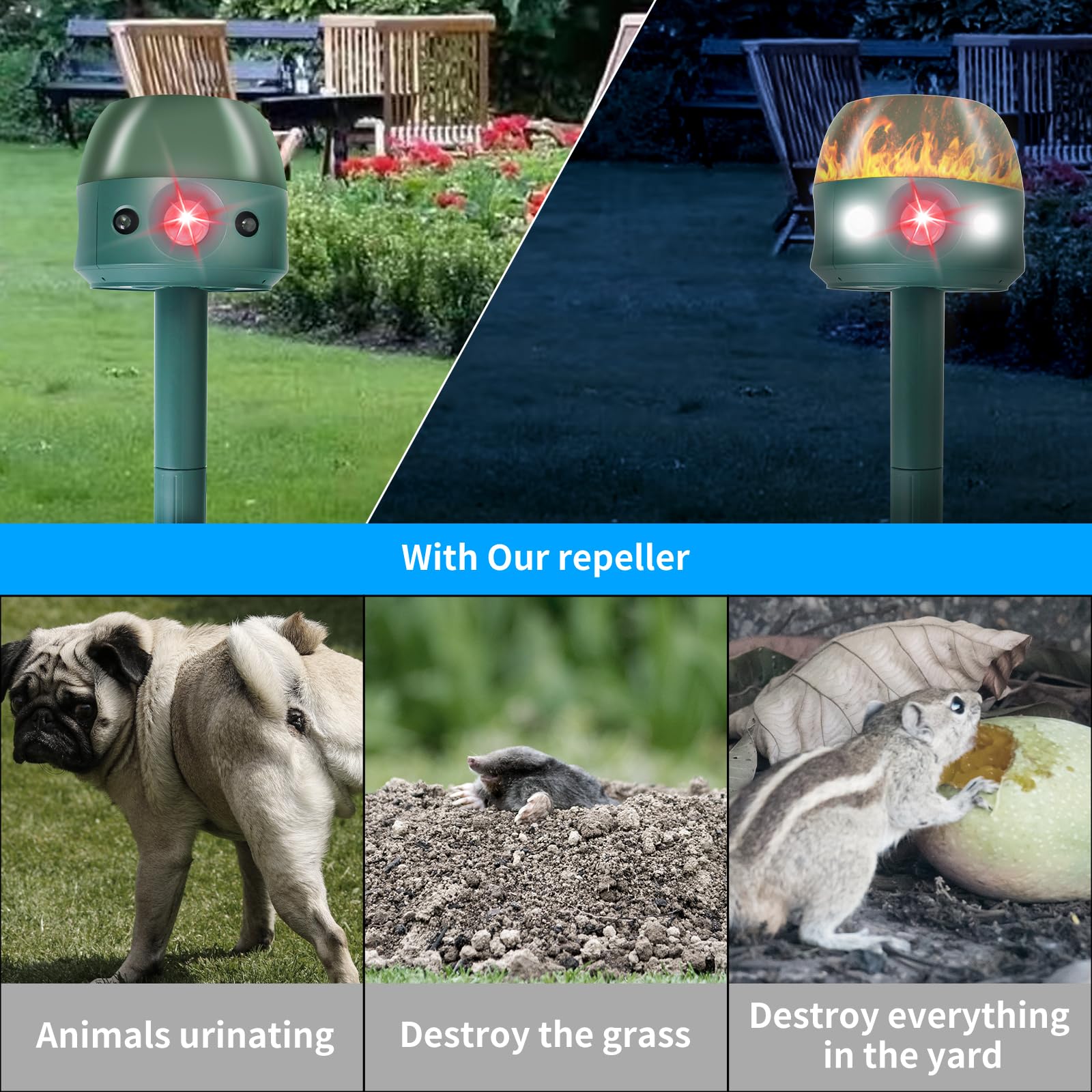 Ultrasonic Solar Animal Repeller for Yard, 5 Modes Outdoor Cat Squirrel Repellent with Motion Sensor, Flame Light, Motor Vibration, Deterrent for Deer Skunk Dog Snake Gophers for Yard Garden