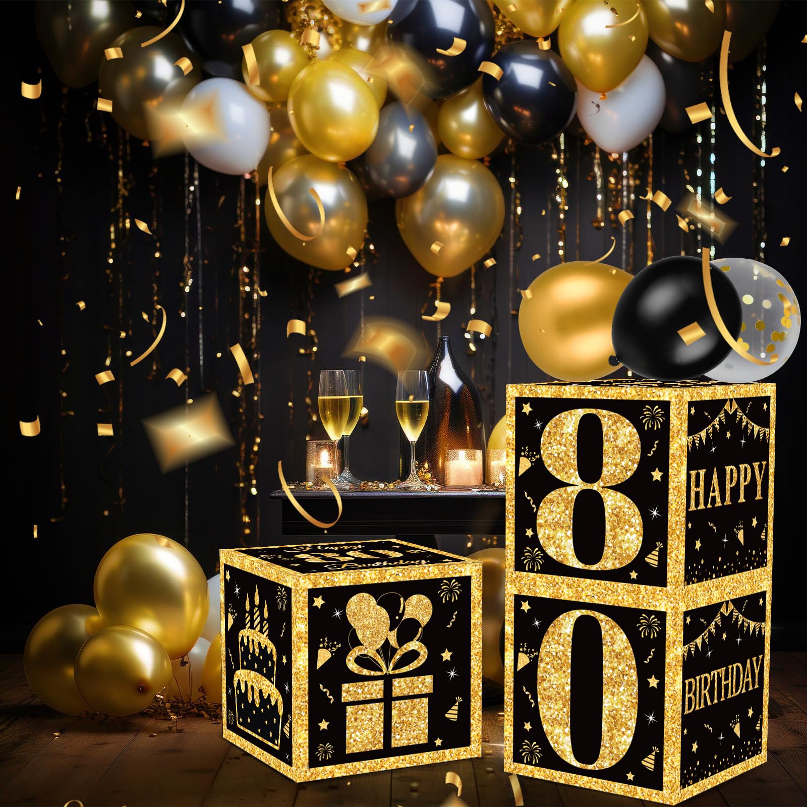 80th Birthday Decorations Boxes for Men- 3PCS Black Gold Happy 80th Birthday Balloons Boxes, 80 Year Old Party Supplies for Men Women