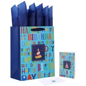 13" large blue gift bag set with greeting card and tissue paper(colorful happy birthday text) for boys’, girls’ or kids' birthday party, men's or women's birthday parties, baby shower - 10.2”x5.2”x13”, 1 pcs.