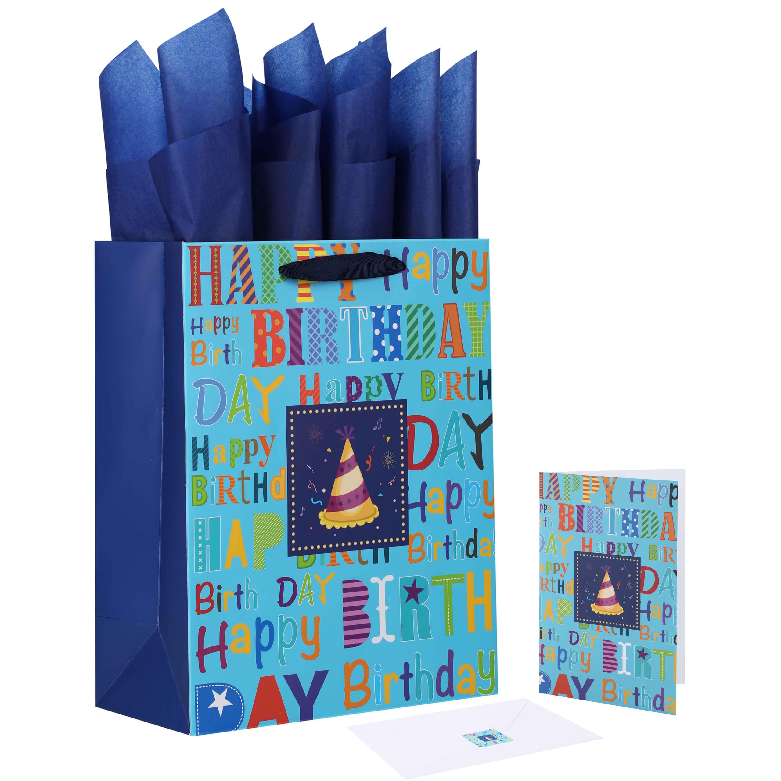 13" Large Blue Gift Bag Set with Greeting Card and Tissue Paper(Colorful Happy Birthday Text) for Boys’, Girls’ or Kids' Birthday Party, Men's or Women's Birthday Parties, Baby Shower - 10.2”x5.2”x13”, 1 Pcs.