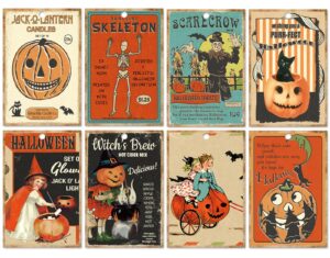 whaline 120pcs halloween paper gift tags vintage evil pumpkin skeleton witch hanging labels with rope for birthday wrapping diy crafts, 8 designs