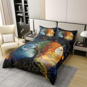 Feelyou Tree of Life Duvet Cover 100% Cotton Full Size Sun and Moon Bedding Set for Kids Psychedelic Galaxy Comforter Cover Set Teens Decor Constellations Bedspread Cover Zipper