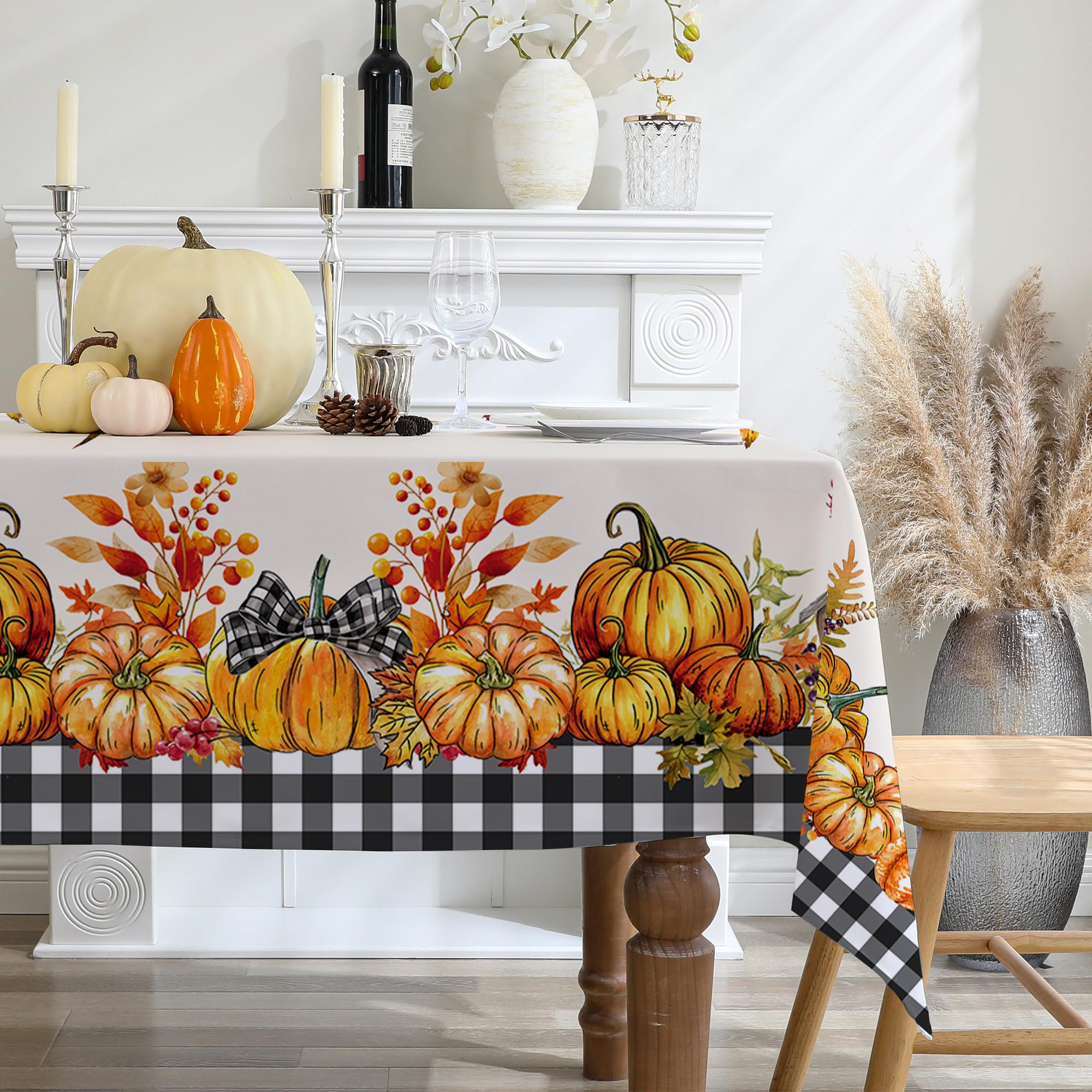 cusugbaso Fall Tablecloth 60x84 Inch Rectangle - Black Plaid Harvest Pumpkins Fall Decorations for Home - Water Resistant Thanksgiving Table Cloth Rectangle for Party, Dinning, Home