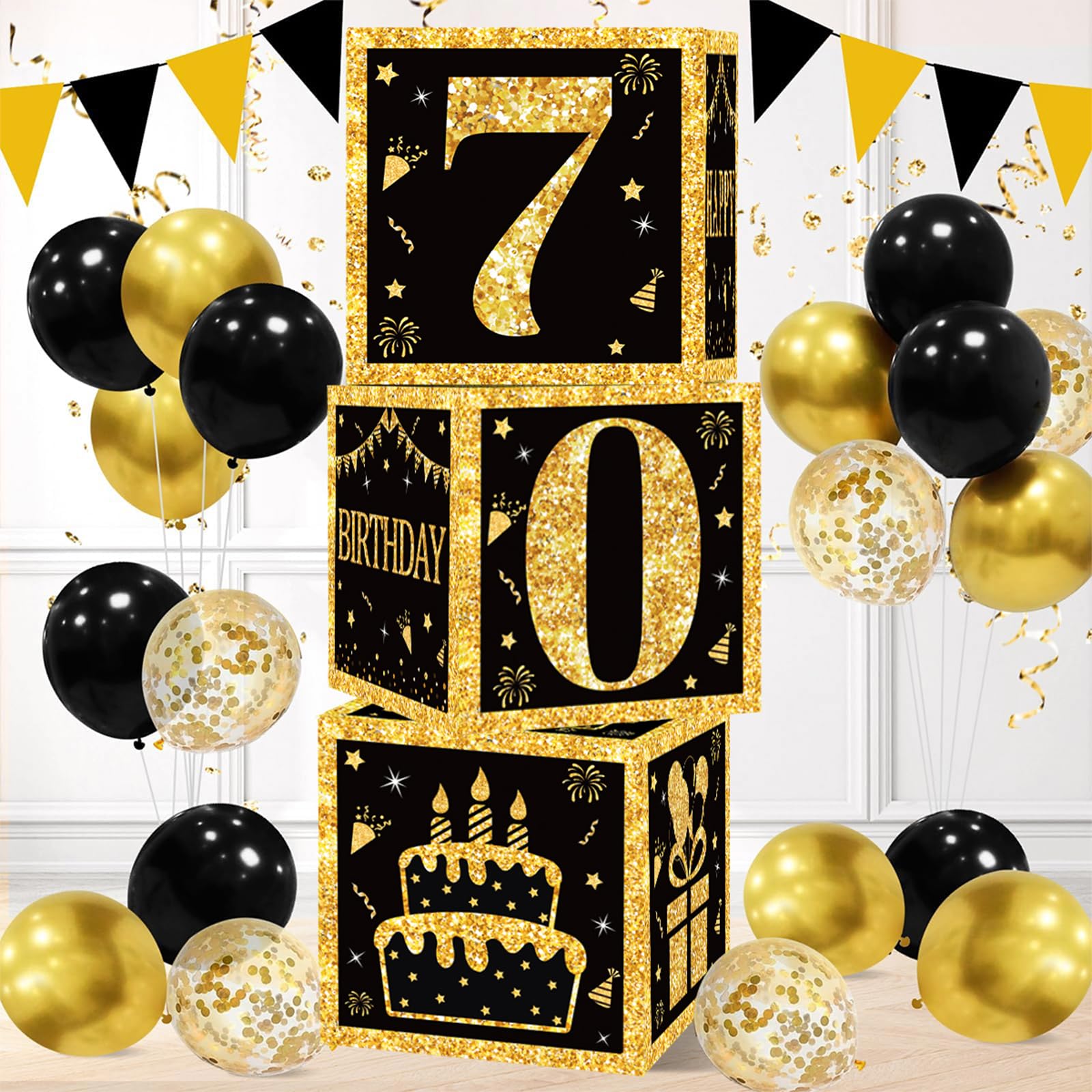 70th Birthday Decorations Boxes for Men- 3PCS Black Gold Happy 70th Birthday Balloons Boxes, 70 Year Old Party Supplies for Men Women