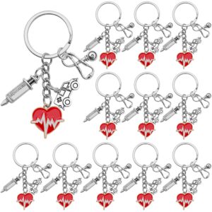 siqyuwm 12pcs nurse keychains medical themed keyrings syringe stethoscope ambulance red heartbeat charm key holder for women men gift or graduation