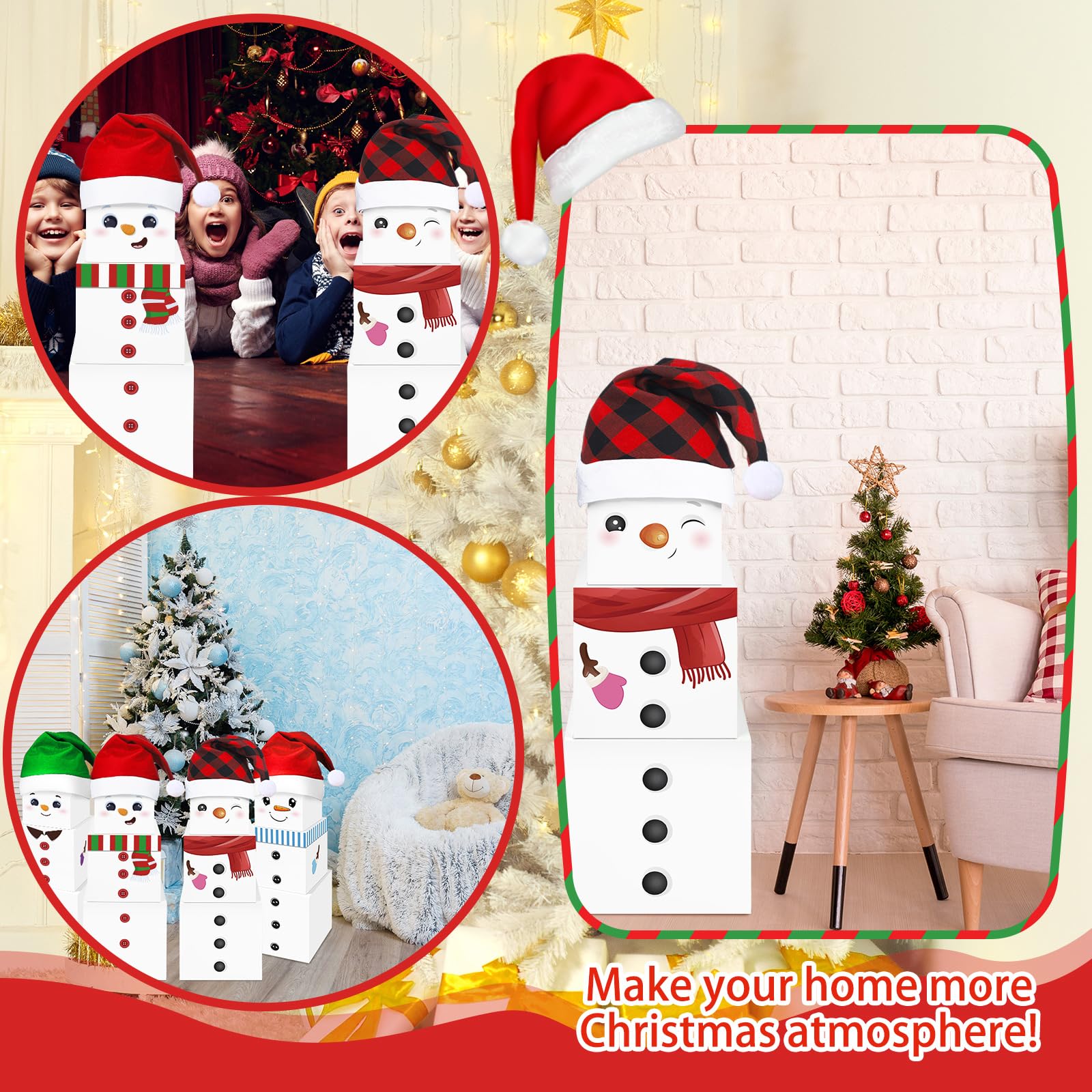 MotiMind 16 Pcs Christmas Snowman Stackable Gift Boxes with Hats in 4 Designs Stackable Snowman Gift Box Tower Xmas Nesting Box for Gift Wrapping Party Decor Christmas Stacking Gift Boxes