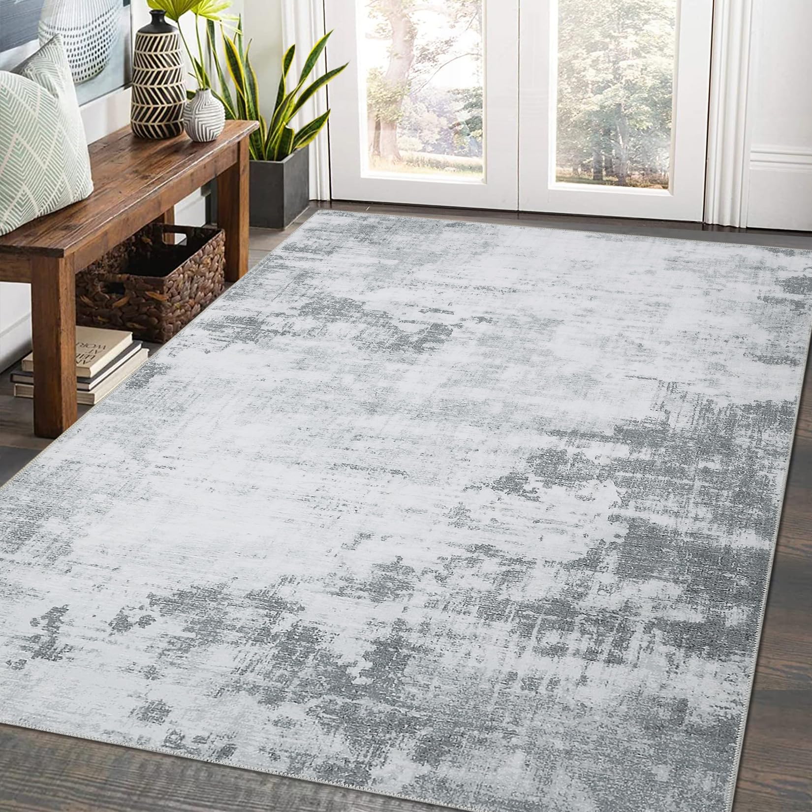 GarveeHome 8x10 Area Rug Modern Abstract Machine Washable Area Rug for Living Room Contemporary Throw Carpet Non-Slip Stain Resistant Accent Rug Floor Cover for Home Decor, Grey