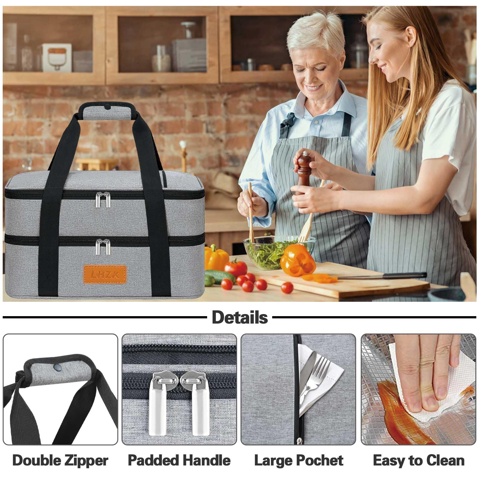 LHZK Double Insulated Casserole Carrier, Expandable Casserole Carriers for Hot or Cold Food, Insulated Food Carrier for Travel, Parties, Picnic, Fits 11 x 15 or 9 x 13 Baking Dish (Grey)