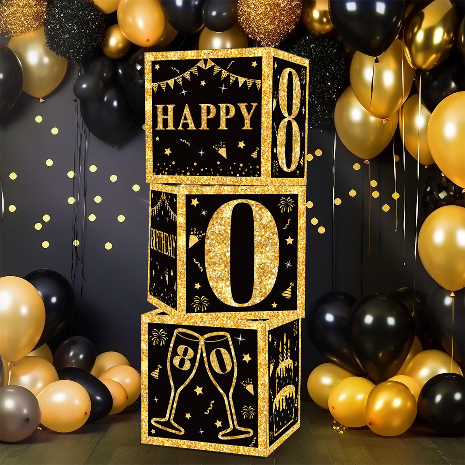 80th Birthday Decorations Boxes for Men- 3PCS Black Gold Happy 80th Birthday Balloons Boxes, 80 Year Old Party Supplies for Men Women