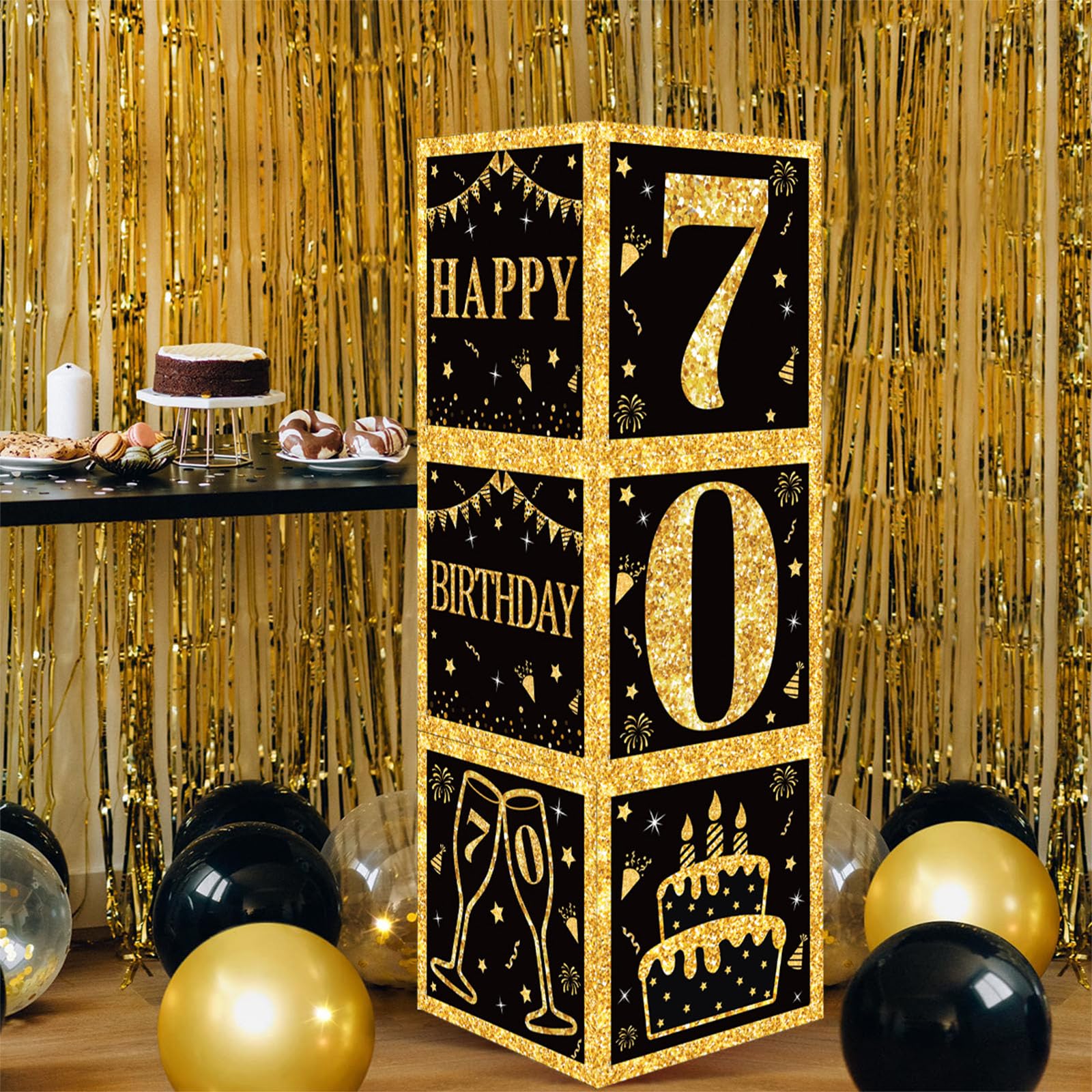 70th Birthday Decorations Boxes for Men- 3PCS Black Gold Happy 70th Birthday Balloons Boxes, 70 Year Old Party Supplies for Men Women