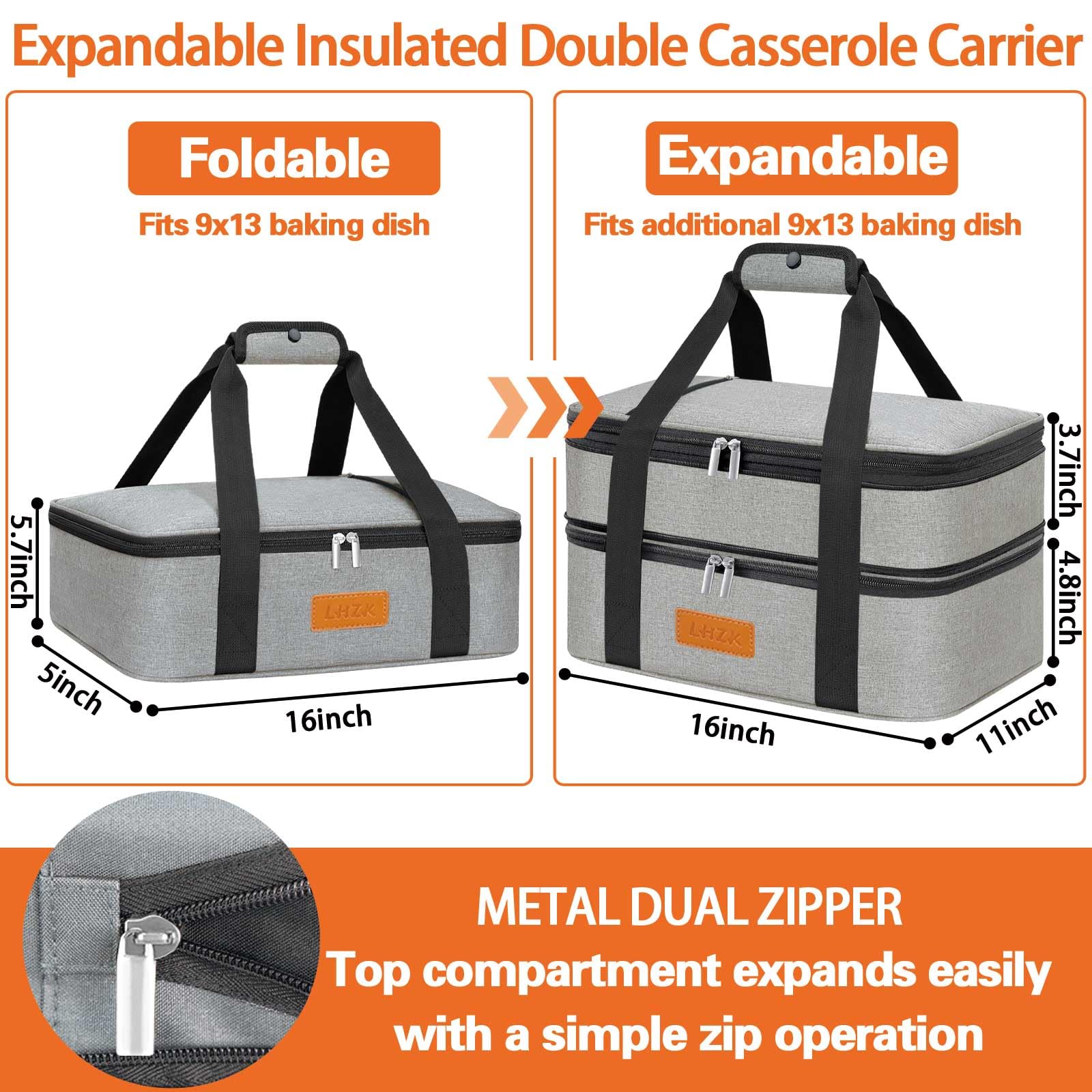 LHZK Double Insulated Casserole Carrier, Expandable Casserole Carriers for Hot or Cold Food, Insulated Food Carrier for Travel, Parties, Picnic, Fits 11 x 15 or 9 x 13 Baking Dish (Grey)