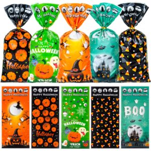 riceduo halloween cellophane bags,100pcs halloween candy cookie treat bags with 100 piece twist ties for halloween party favor supplies, 5 assorted styles