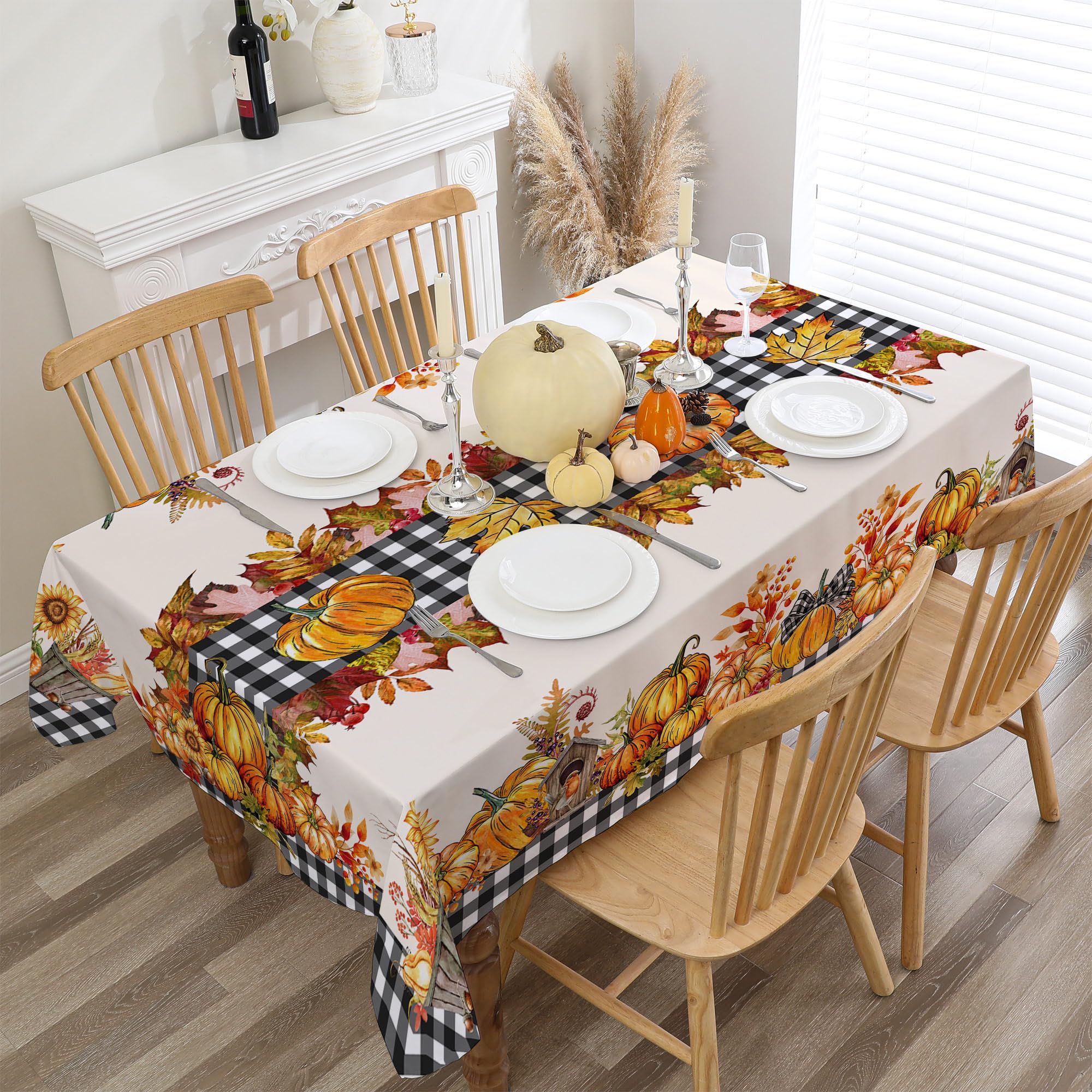 cusugbaso Fall Tablecloth 60x84 Inch Rectangle - Black Plaid Harvest Pumpkins Fall Decorations for Home - Water Resistant Thanksgiving Table Cloth Rectangle for Party, Dinning, Home