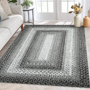 garveehome small bedroom rug 3x5 braided printed area rug indoor non slip bohemian rug throw floor cover farmhouse machine washable carpet boho accent rug for living room home decor, grey