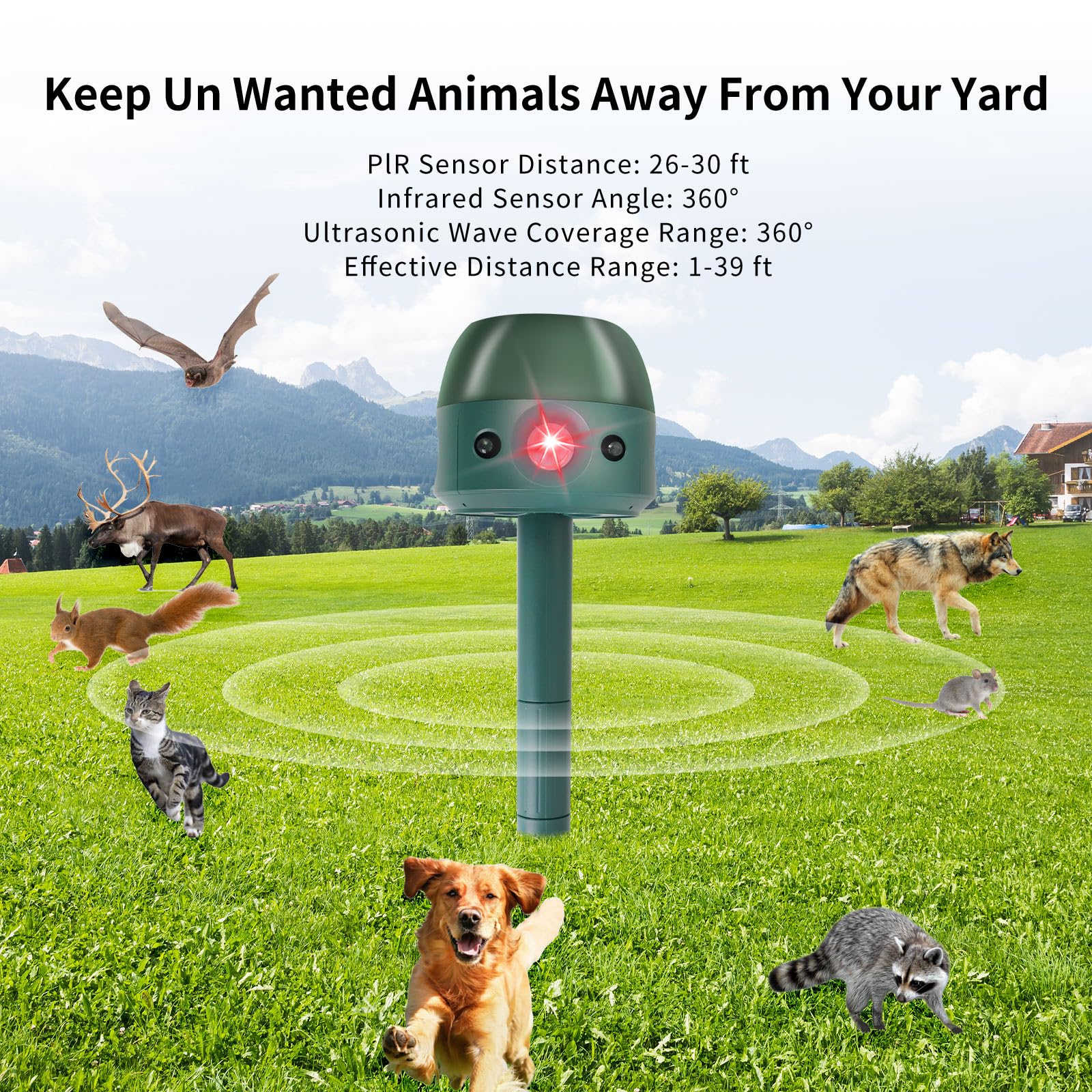 Ultrasonic Solar Animal Repeller for Yard, 5 Modes Outdoor Cat Squirrel Repellent with Motion Sensor, Flame Light, Motor Vibration, Deterrent for Deer Skunk Dog Snake Gophers for Yard Garden