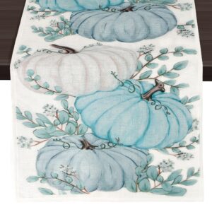 fall table runner blue pumpkin table runner thanksgiving table runner pumpkins eucalyptus leaves autumn table runner 13x72 inch blue fall decorations for home holiday kitchen dining table decorations