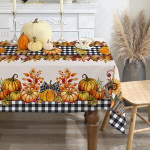 cusugbaso fall tablecloth 60x84 inch rectangle - black plaid harvest pumpkins fall decorations for home - water resistant thanksgiving table cloth rectangle for party, dinning, home