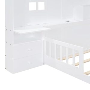 EOVTK Full Size Montessori House Floor Bed with Bedside Drawers and Shelves, Wooden Platform Bed with a Set of Sockets and USB Port for Kids, Boys, Girls, White