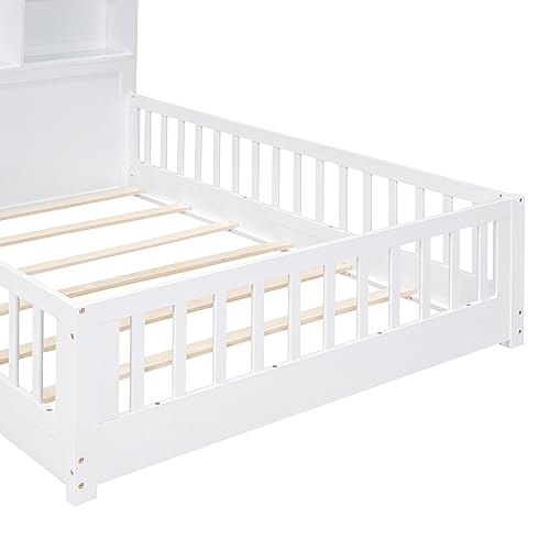 EOVTK Full Size Montessori House Floor Bed with Bedside Drawers and Shelves, Wooden Platform Bed with a Set of Sockets and USB Port for Kids, Boys, Girls, White