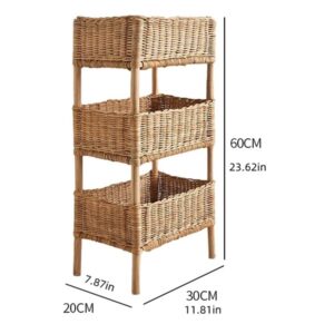 WKSPOO Rattan Shelving Unit 3 Tiers Standing Wooden Caddy, Hand Woven Floor Rattan Portable Laundry Bin Basket Applicable for Living Room, Bedroom, Kitchen(Color:Natural), 30*20*60cm