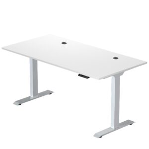 progressive desk electric compact stand up office home desk, white frame, warm white mdf tabletop, white round grommet prime ryzer 60" x 30"