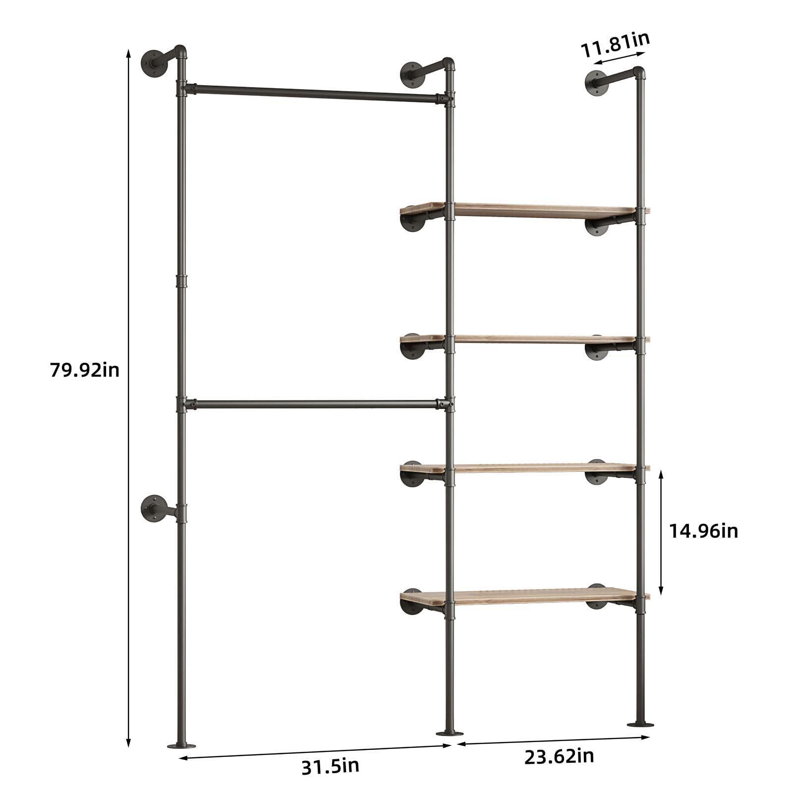 Woskar Industrial Pipe Clothing Rack, Hanging Rods Clothes Rack with Shelves, Clothes Rack for Wardrobe, Corner Closet System for Walk in Closets, Heavy Duty Hanging Clothes Rackk