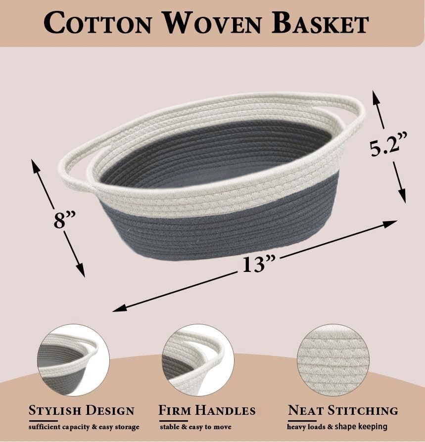 GiftExpress Gray & White Woven Basket - 13" x 8" x 5" Cotton Rope Organizing Baskets for Baby Items or Cat & Dog Toys - Cute Soft Gift Storage Bin w/ Handles